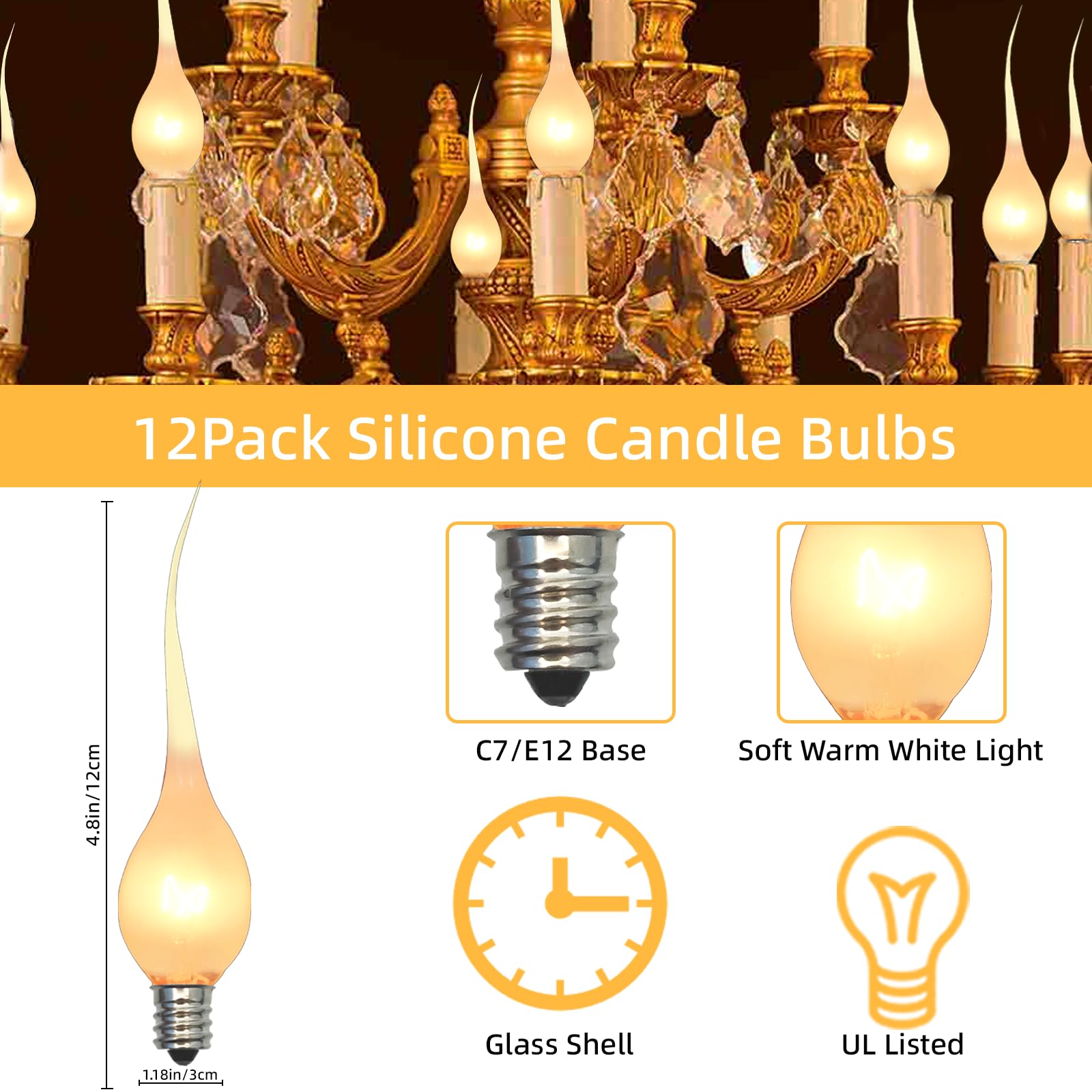 Romasaty Silicone Dipped Candle Light Bulbs (12Pack), 5 Watts Silicone Light Bulbs for Candle Lamps, Window Candles, Chandelier, Candelabra, C7/E12 Candelabra Base, Candle Bulbs Silicone