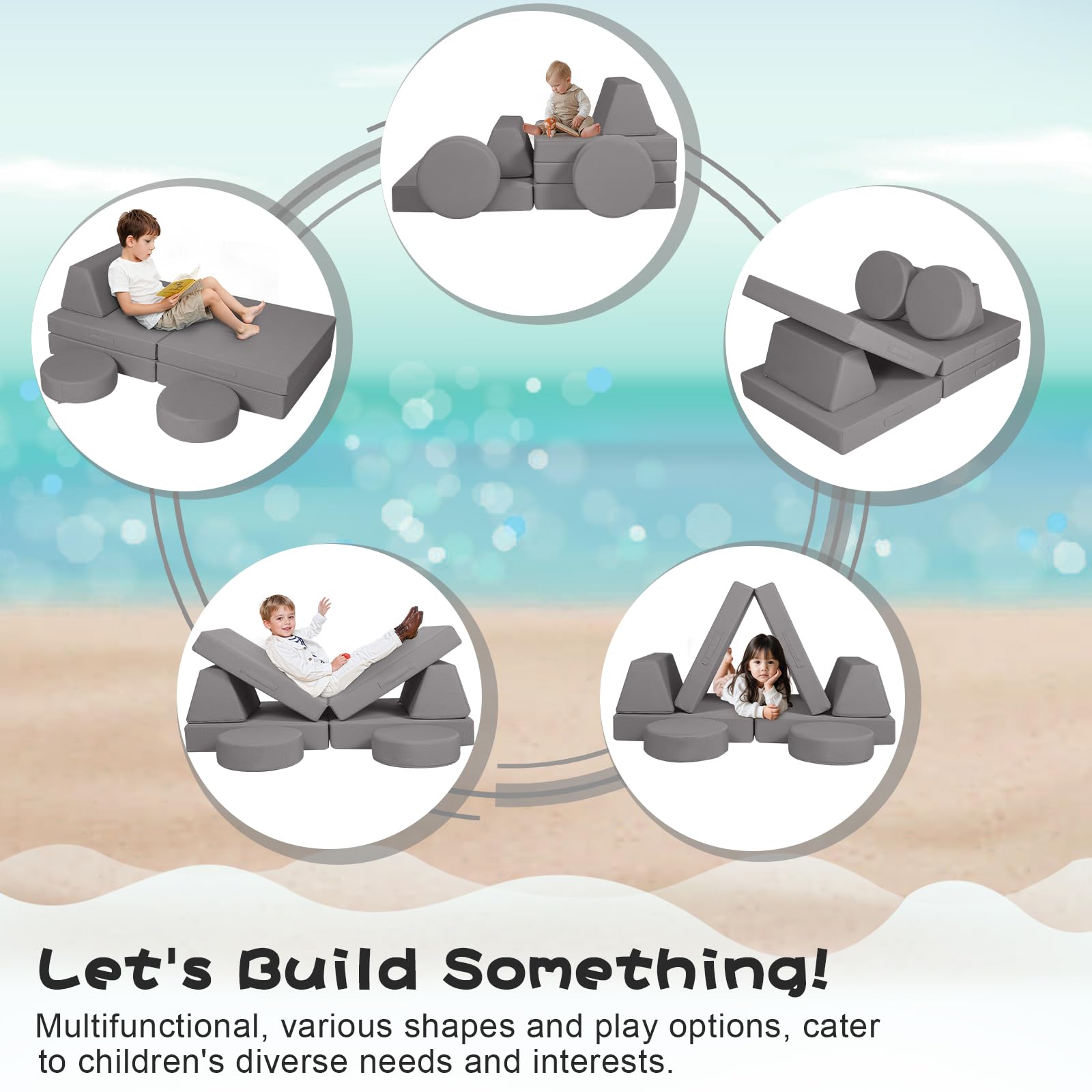 MeMoreCool Modular Toddler Couch Building Fort for Playroom, 8pcs Fold Out Baby Couch Play Set, Convertible Children Foam Couch, Grey