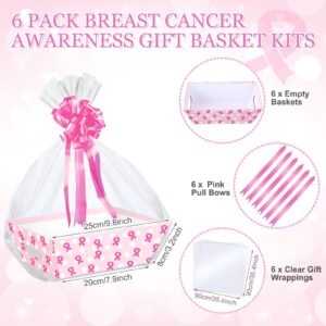 Resurhang 6 Set 10 x 8 x 3.2 Breast Cancer Awareness Baskets for Gifts Empty with Cellophane Wraps and Ribbons Bows Cardboard Basket Tray for Gift Packaging Holiday Birthday Wedding