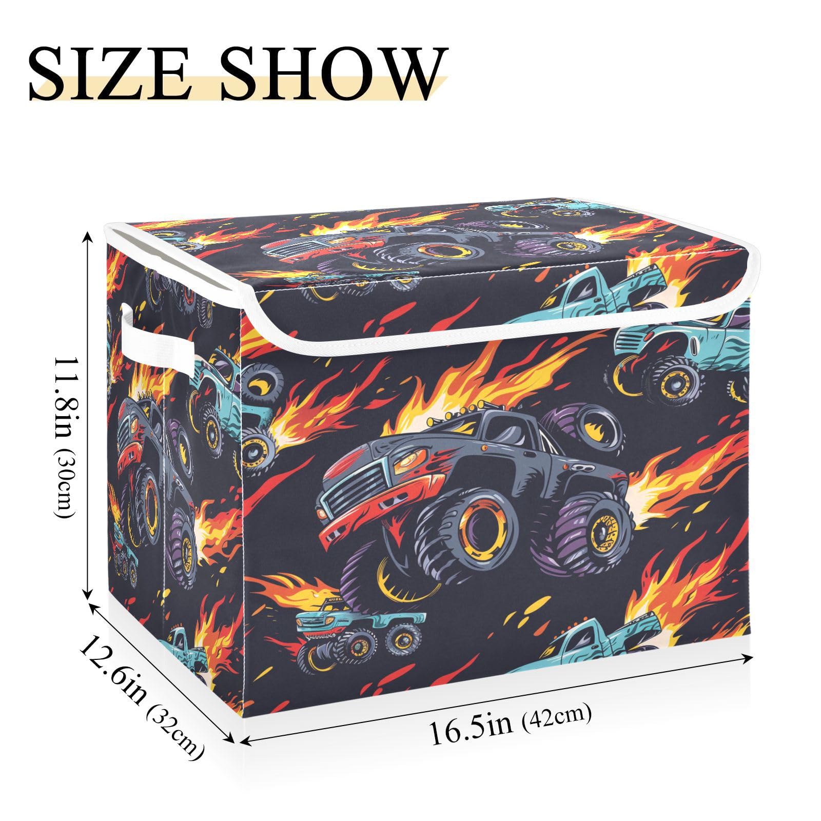 DALAWU Containers Baskets with Lids Monster Truck Running Fabric Foldable Storage Bins Organizer with Lid Collapsible Storage Boxes for Home Bedroom Closet Office