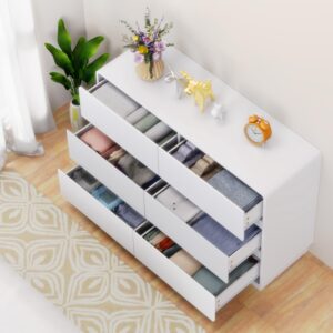 OTUTUMUS 6 Drawers Double Dresser, White Modern Chest of Drawer, Curved Edged Wood Dresser for Bedroom Living Room, Closet, Office, Hallway