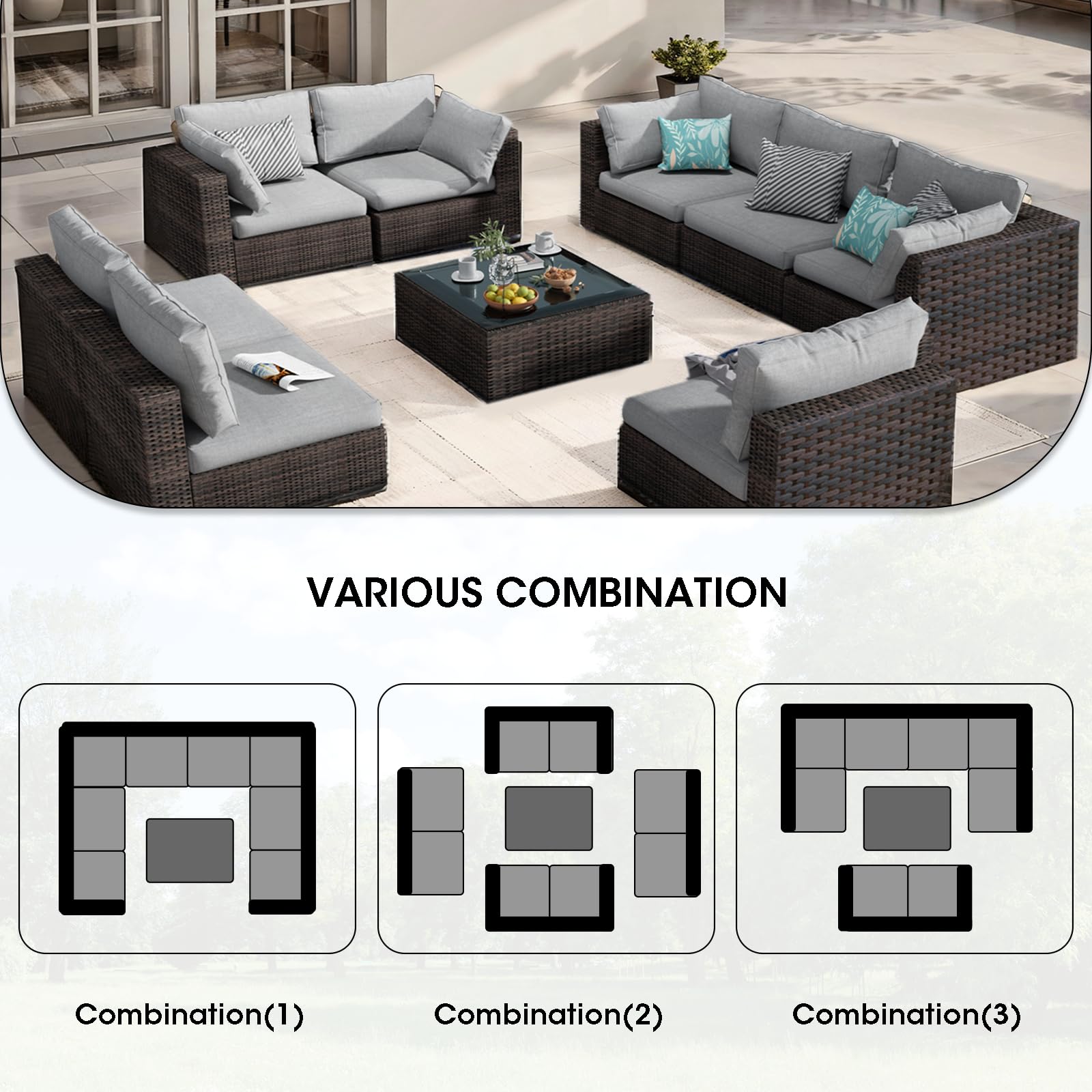 TANGJEAMER 9 Piece Patio Furniture Set All Weather PE Rattan Outdoor Sectional Sofa Couch with No-Slip Cushions and Glass Top Table for Garden, Poolside, Backyard (Black)