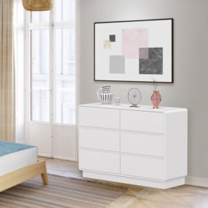 OTUTUMUS 6 Drawers Double Dresser, White Modern Chest of Drawer, Curved Edged Wood Dresser for Bedroom Living Room, Closet, Office, Hallway