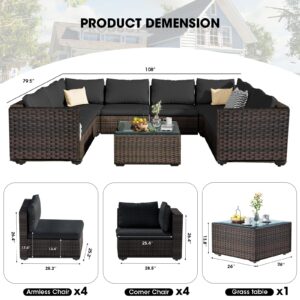 TANGJEAMER 9 Piece Patio Furniture Set All Weather PE Rattan Outdoor Sectional Sofa Couch with No-Slip Cushions and Glass Top Table for Garden, Poolside, Backyard (Black)