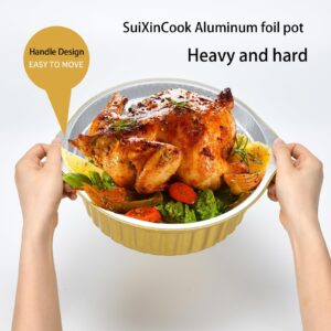 SuiXinCook 10inch Round deepening Gold Aluminum Foil Pans with Lids, Chafing Dish, Heavy Duty Disposable Hot Pot 5 Set For Microwave & Oven Safe Cooking,Baking,A takeaway Food Container