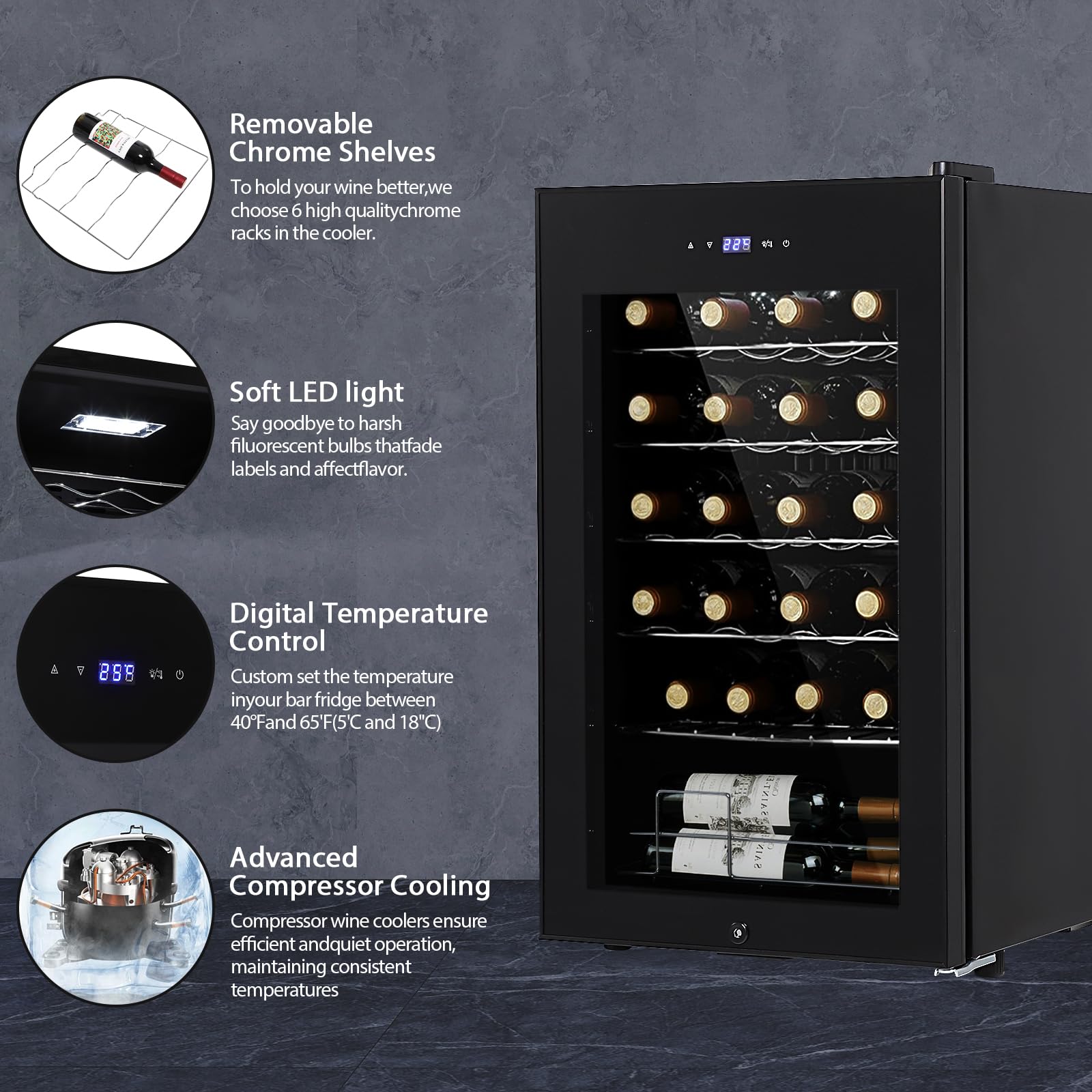 28 Bottle Compressor Wine Cooler Refrigerator, Wine Fridge Freestanding Wine Cellar for Red Wine, White, Champagne, Sparkling Wine with Digital Temperature Control, Soft LED Light, Glass Door