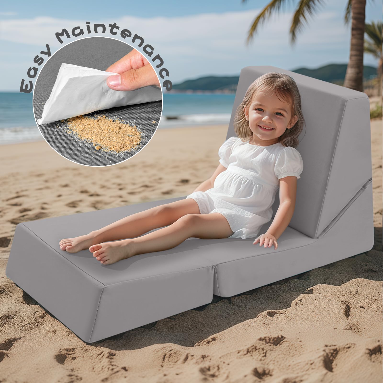 MeMoreCool Lounge Chair Foldable Floor Lounger, Toddler Couch Fold Out Couch Bed, 3-in-1 Folding Children Chair Bed, Pull Out Recliner for Toddlers 1-3, Grey