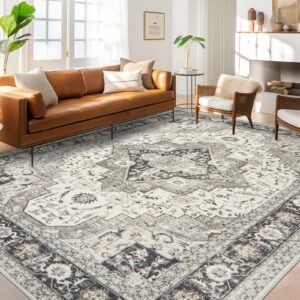 roxstand washable rugs 8x10 area rugs for living room, bedroom, office, ultra-thin anti slip backing rug, super-soft vintage large area rug, home decor farmhouse rugs (grey/ivory, 8'x10')