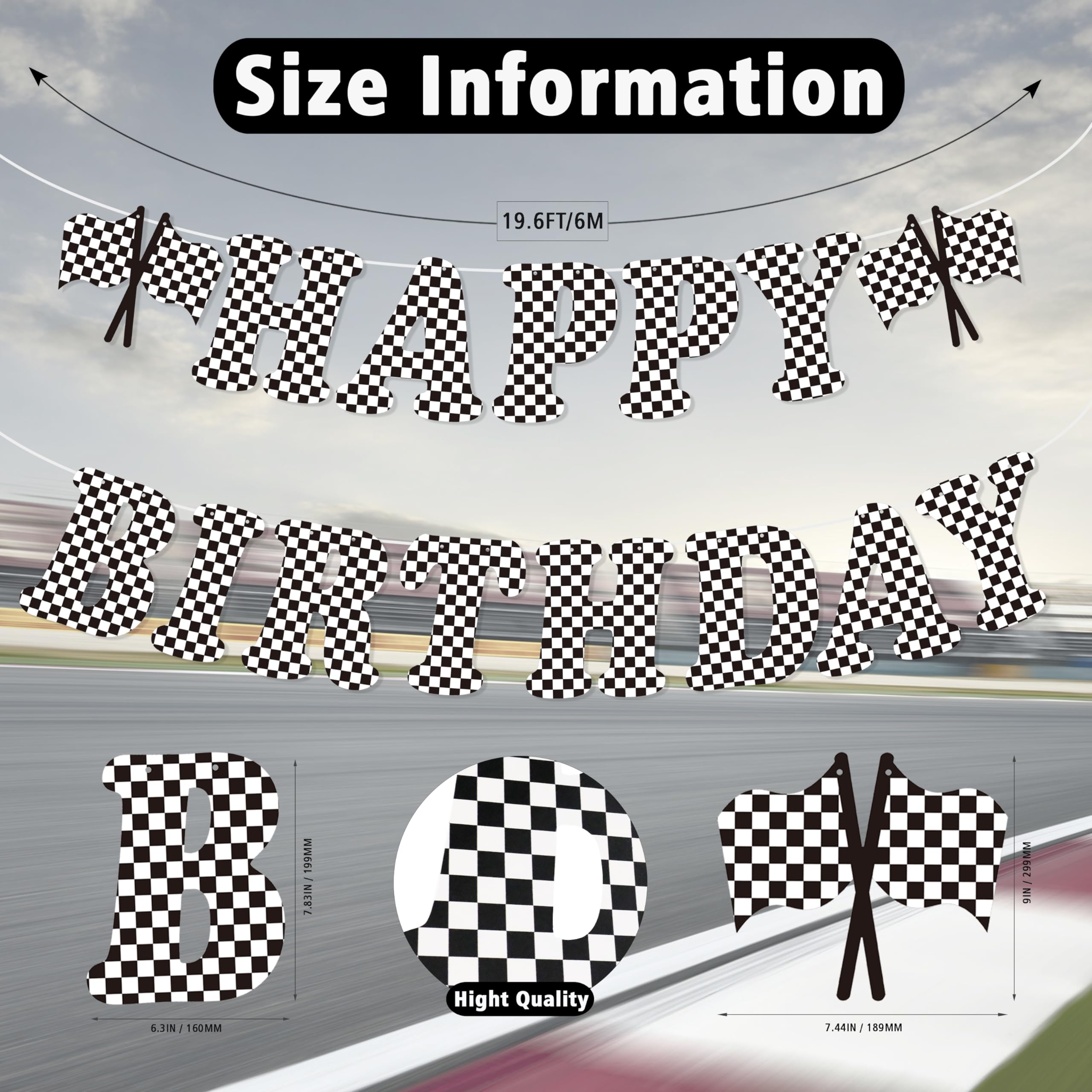 Diprin Racing Birthday Banner, Black and White Checkered Banner Racing Birthday Party Decorations, for Nascar Race Party Supplies ﻿