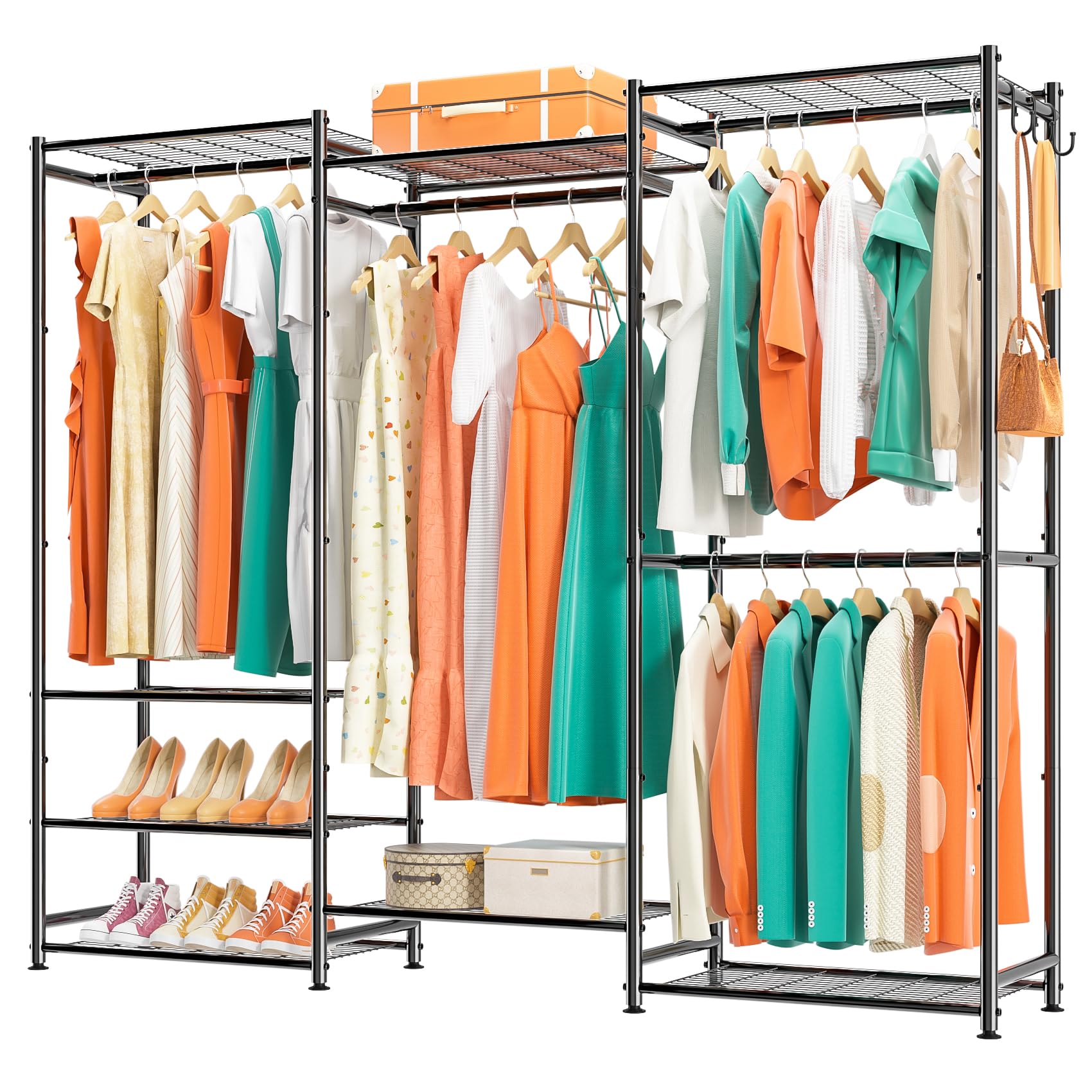 Neatrays Wardrobe Closet Heavy Duty Clothes Rack, Portable Closet Organizer System with 4 Hang Rods & 8 Shelves, Metal Clothing Rack Garment Rack for Hanging Clothes, Max Load 890 LBS