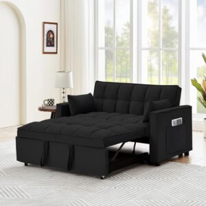 gnixuu black convertible sofa bed, sleeper sofa couch w/pull out bed, 55.2" modern velvet loveseat lounge sofa bed w/pillows & adjustable backrest for small space, living room, apartment