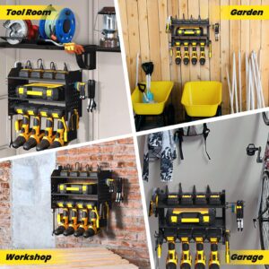 GEEKBEE Power Tool Organizer with Charging Station, Heavy Duty 4 Layer Drill Holder Wall Mount, Power Tool Holder with 8 Outlet Power Strip, Tool Shelf with Hooks, Drill Bit Rack for Garage, Black