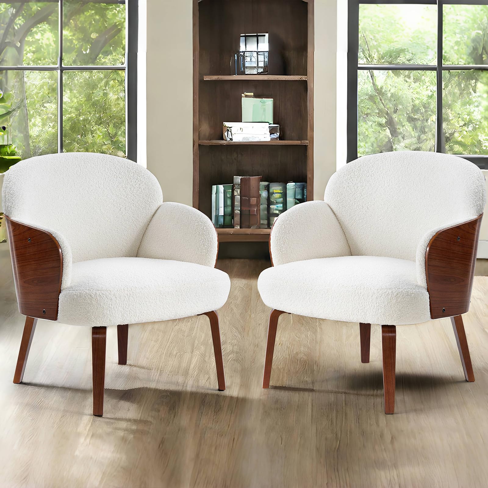 Jocisland Mid Century Modern Accent Chairs Set of 2 - Plush Teddy Velvet Upholstered Armchair with Solid Bentwood Frame, Comfy Vanity Chair for Living Room Bedroom Reading Makeup Room(White)