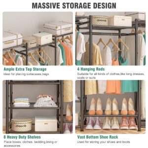 Neatrays Wardrobe Closet Heavy Duty Clothes Rack, Portable Closet Organizer System with 4 Hang Rods & 8 Shelves, Metal Clothing Rack Garment Rack for Hanging Clothes, Max Load 890 LBS