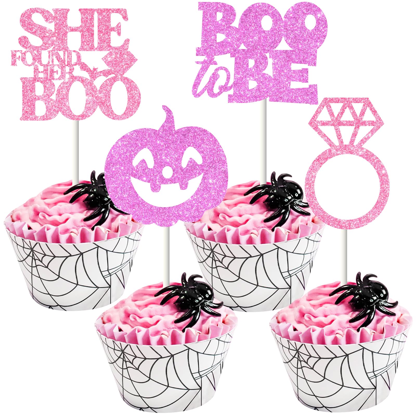 JOYMEMO 36 Pcs Halloween Bachelorette Cupcake Toppers Pink Purple - She Found Her Boo Bridal Shower Decorations, Boo to Be Cake Decorations for Engagement Party