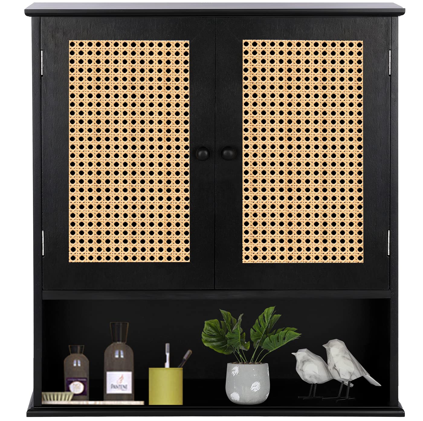 Bathroom Medicine Cabinet Wall Mounted,Black Rattan Storage Cabinet,Towel Cabinet for Bathroom Storage Over the Toilet,Floating Cabinet for Small Spaces,Hanging Cabinet for Kitchen Laundry Living Room