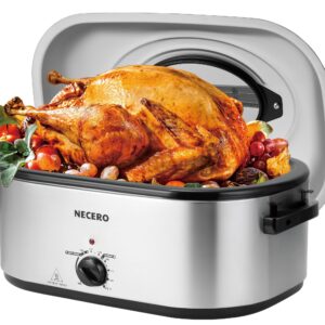 NECERO Roaster Oven 28 Quart Electric, Electric Roaster Pan with Visible&Self-Basting Lid, Large Stainless Steel Electric Turkey Roaster Oven Defrost Warm Function, Removable Pan Rack, Up To 24LB