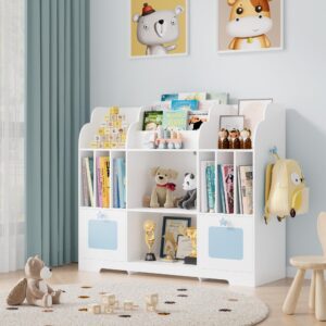 facbotall kids bookshelf with 2 drawers, 3 tier wooden toy storage organizer, wavy-patterned toy box for boys & girls, toddler book shelf for kids rooms, nursery, playroom, living room, white & blue