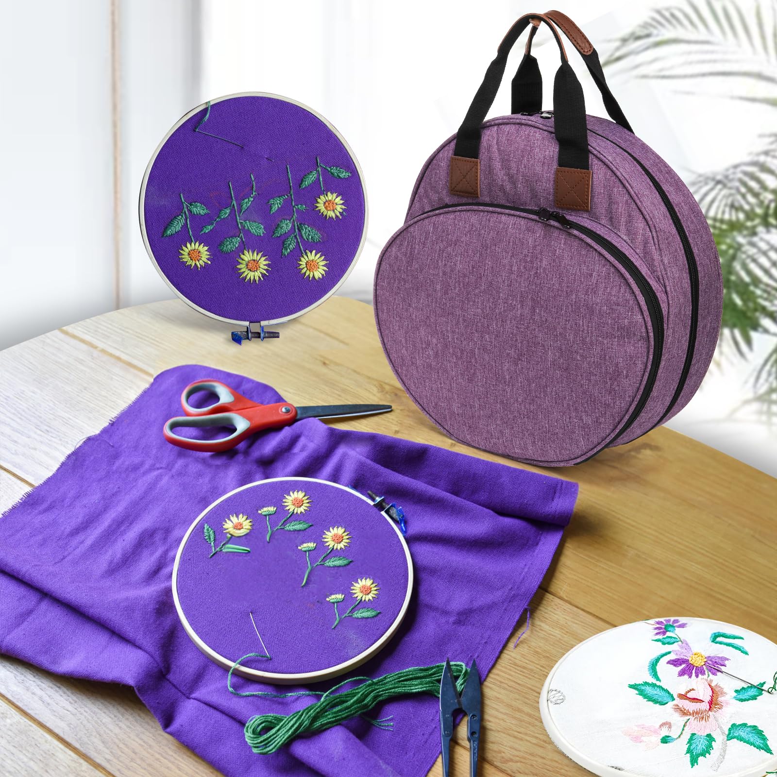 Coloch Embroidery Project Bag with Handle, Purple Stitch Storage Bag Portable Sewing Supplies Carrying Bag for Crafts, Embroidery Hoops, Charts and Threads