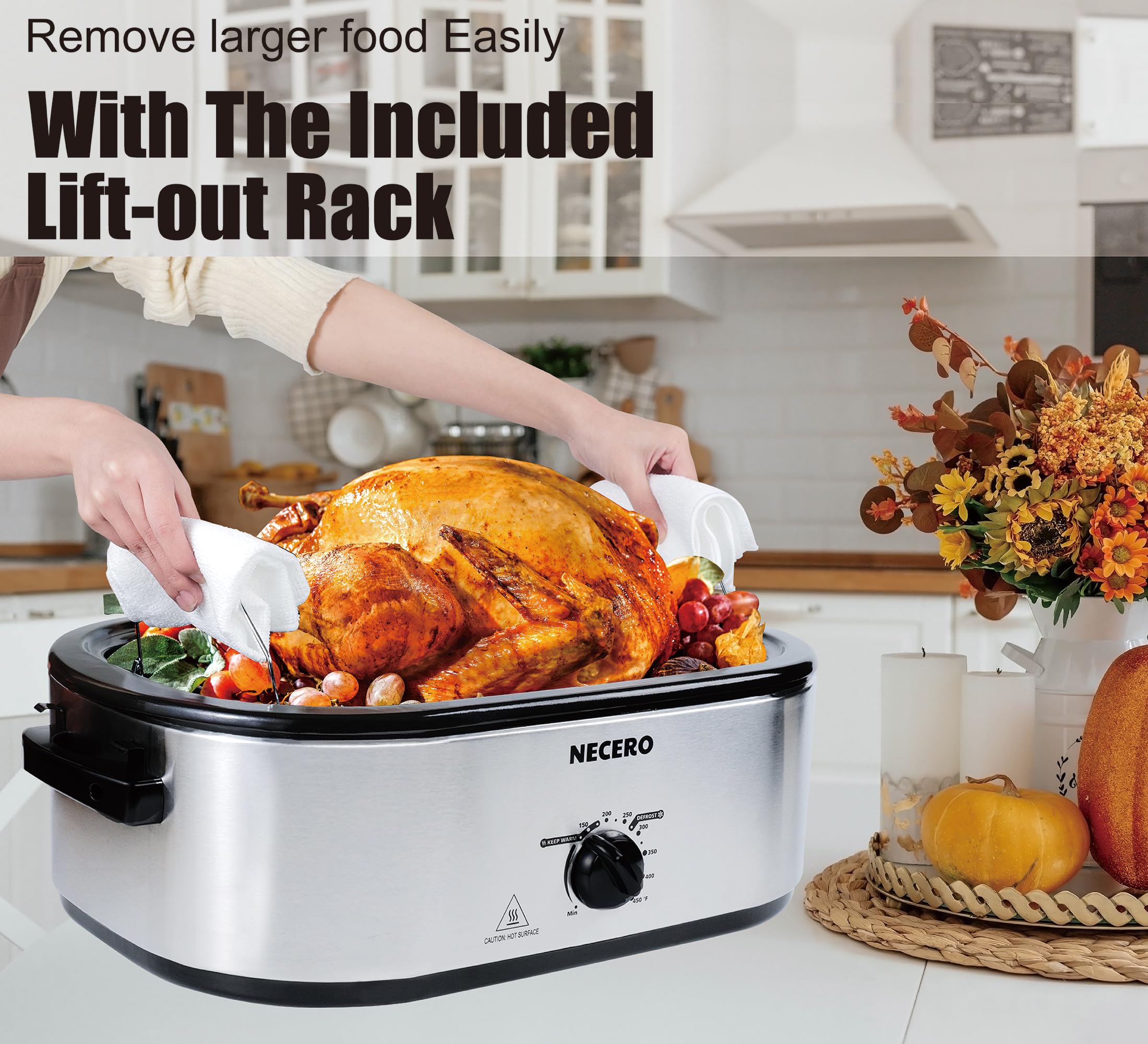 NECERO Roaster Oven 28 Quart Electric, Electric Roaster Pan with Visible&Self-Basting Lid, Large Stainless Steel Electric Turkey Roaster Oven Defrost Warm Function, Removable Pan Rack, Up To 24LB