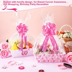 Resurhang 6 Set 10 x 8 x 3.2 Breast Cancer Awareness Baskets for Gifts Empty with Cellophane Wraps and Ribbons Bows Cardboard Basket Tray for Gift Packaging Holiday Birthday Wedding