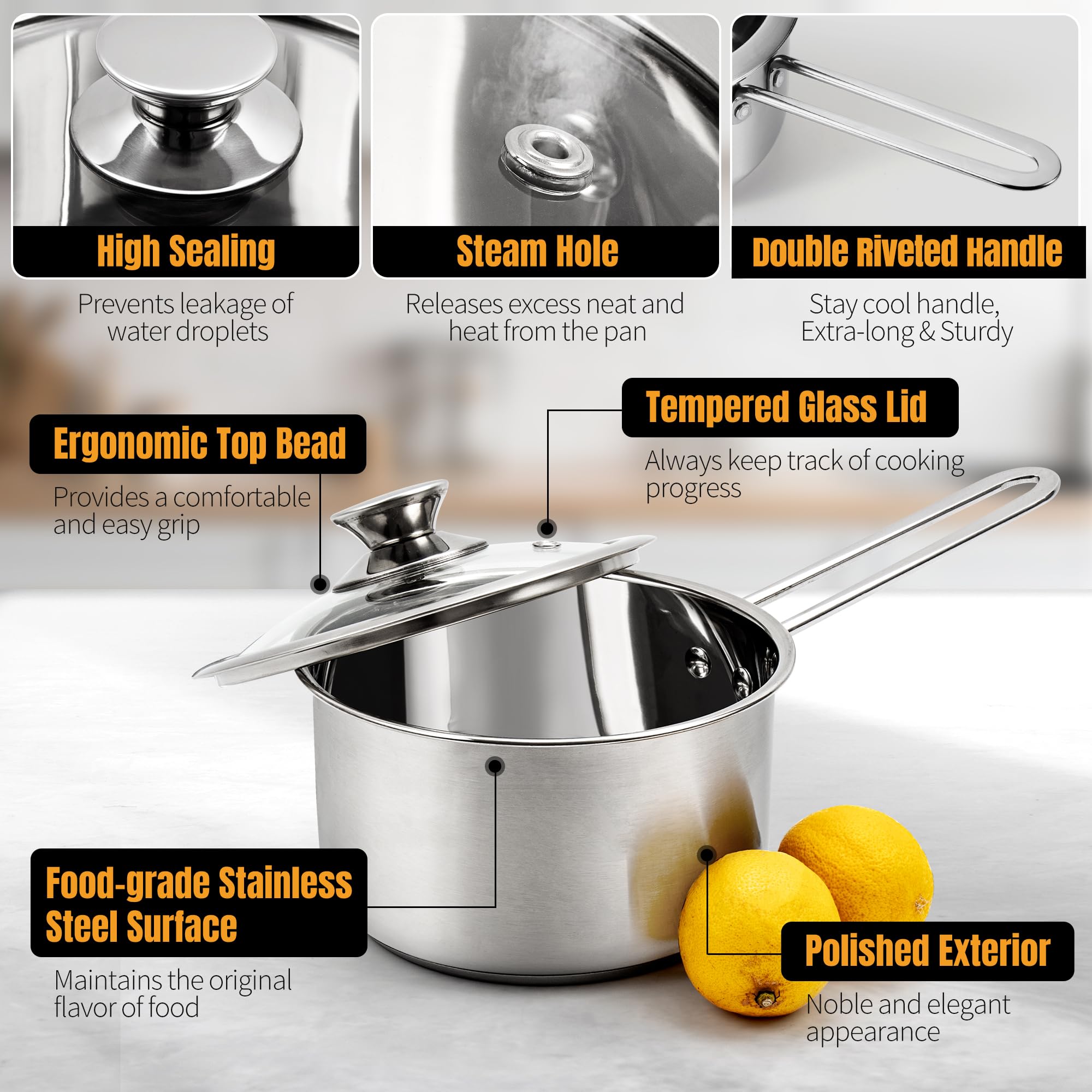 AuFranc® 2 Quart Tri-ply Stainless Steel Saucepan with Glass Lid, Induction Sauce Pan Compatible with All Cooktops, Non-Toxic Sauce Pot with Stay Cool Handle, Oven & Dishwasher Safe (Silver)