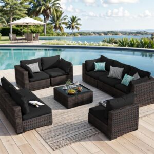 TANGJEAMER 9 Piece Patio Furniture Set All Weather PE Rattan Outdoor Sectional Sofa Couch with No-Slip Cushions and Glass Top Table for Garden, Poolside, Backyard (Black)