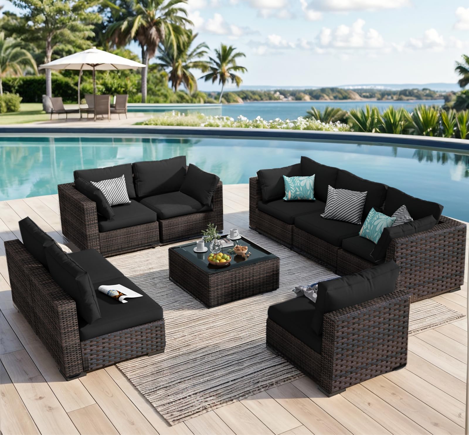 TANGJEAMER 9 Piece Patio Furniture Set All Weather PE Rattan Outdoor Sectional Sofa Couch with No-Slip Cushions and Glass Top Table for Garden, Poolside, Backyard (Black)