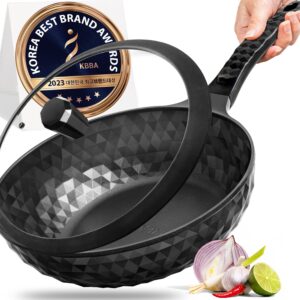 Diamond X Supreme Non Stick 11" Premium Frying Wok Pan Hybrid with Lid and Spatula, Oil-Free, PFOA-Free Cooking with Titanium-Coated 8-Layered Made In Korea Engineered Stir Fry Skillet, Rapid Heating