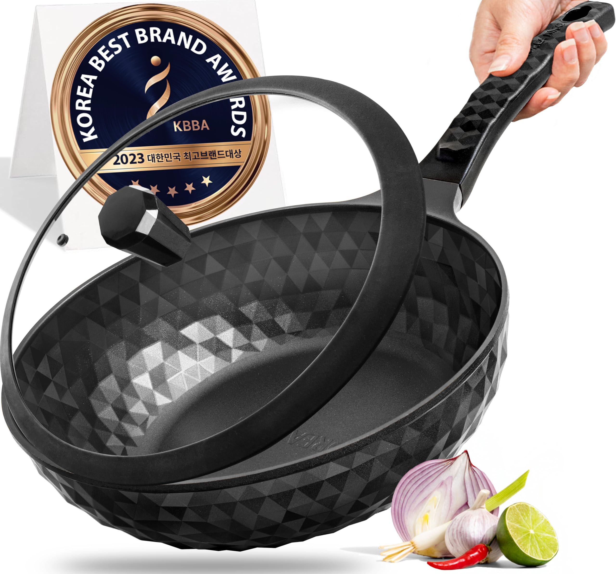 Diamond X Supreme Non Stick 11" Premium Frying Wok Pan Hybrid with Lid and Spatula, Oil-Free, PFOA-Free Cooking with Titanium-Coated 8-Layered Made In Korea Engineered Stir Fry Skillet, Rapid Heating