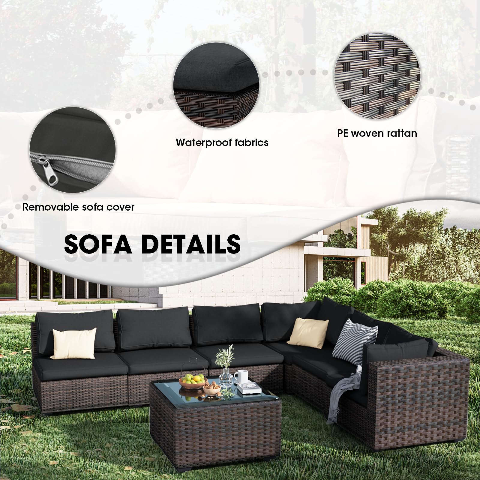 TANGJEAMER 9 Piece Patio Furniture Set All Weather PE Rattan Outdoor Sectional Sofa Couch with No-Slip Cushions and Glass Top Table for Garden, Poolside, Backyard (Black)