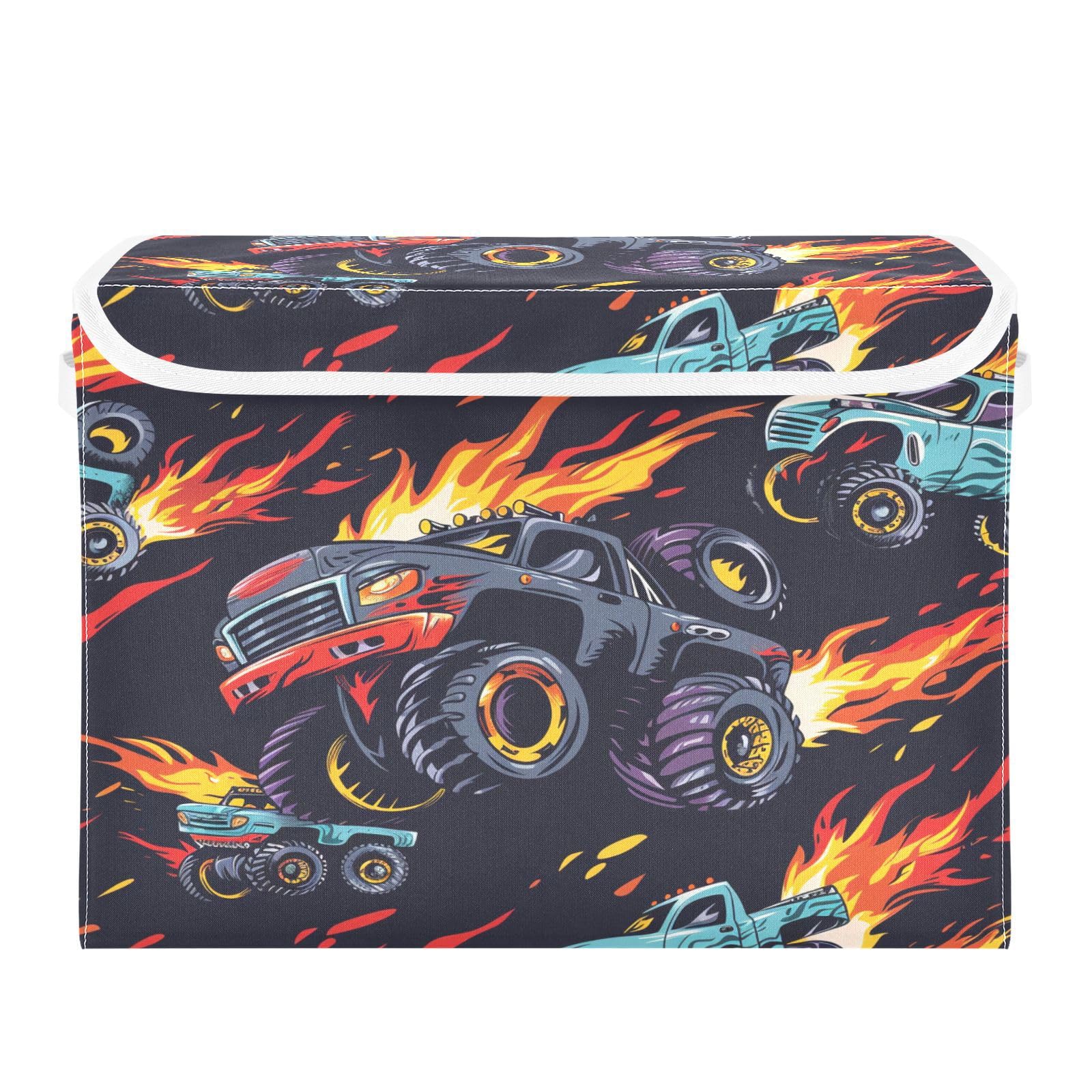 DALAWU Containers Baskets with Lids Monster Truck Running Fabric Foldable Storage Bins Organizer with Lid Collapsible Storage Boxes for Home Bedroom Closet Office