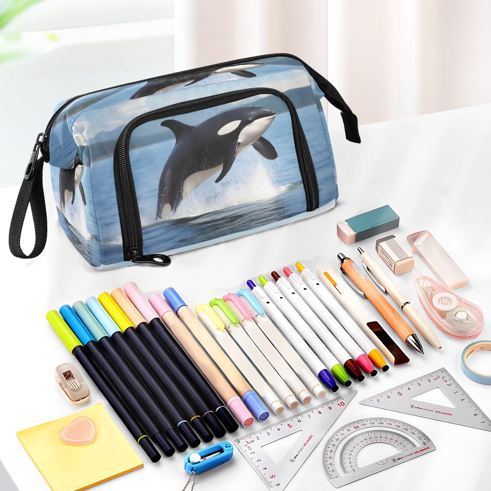 Emelivor Orca Whale with Ocean Pencil Case Large Capacity Pencil Pouch Bag with Compartmens Pen Bag Case with Zipper Stationery Bag Pencil Organizer for School Office Men Women Adults