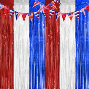 yzurbu red white & blue decorations, 3 pack tinsel foil fringe backdrop curtains and 2 pack usa flag triangle pennant banner for 4th of july, memorial day, labor day, patriotic party