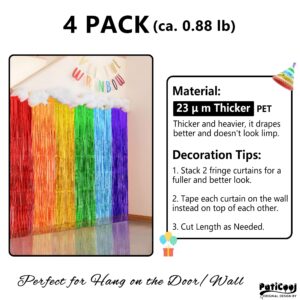 PatiCool Rainbow Tinsel Foil Fringe Curtain Backdrop - Thicken 4 Pack 3.2 x 8.2 Ft - Glitter Rainbow Door Streamers Party Backdrop Decorations for Birthday, Baby Shower, Fiesta, Mexican, Pride Party