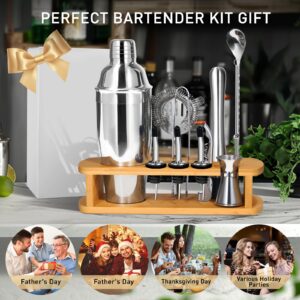 CasaCulina Cocktail Shaker Set Mixology Bartender Kit with Stand, 17 Piece Bar Tool Set: Martini Shaker, Jigger, Strainer, Mixer Spoon, Muddler, Liquor Pourers for Drink Mixing Bartending Kit(Silver)