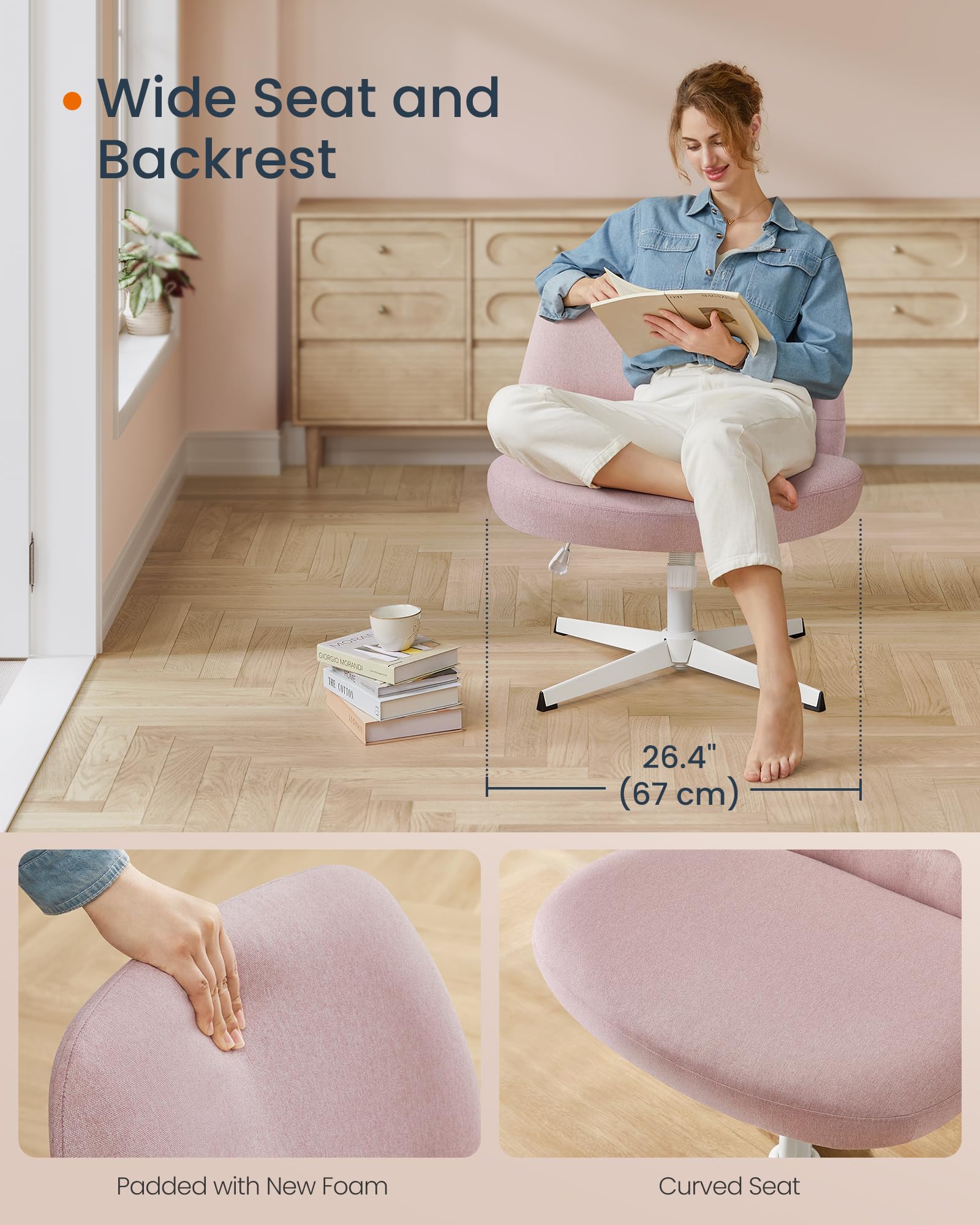 SONGMICS HOME Criss Cross Legged Chair, Armless Office Desk Chair No Wheels, Wide Comfortable Adjustable Swivel Vanity Chair for Home Office, Cotton-Linen Fabric, Jelly Pink UOBG046R03