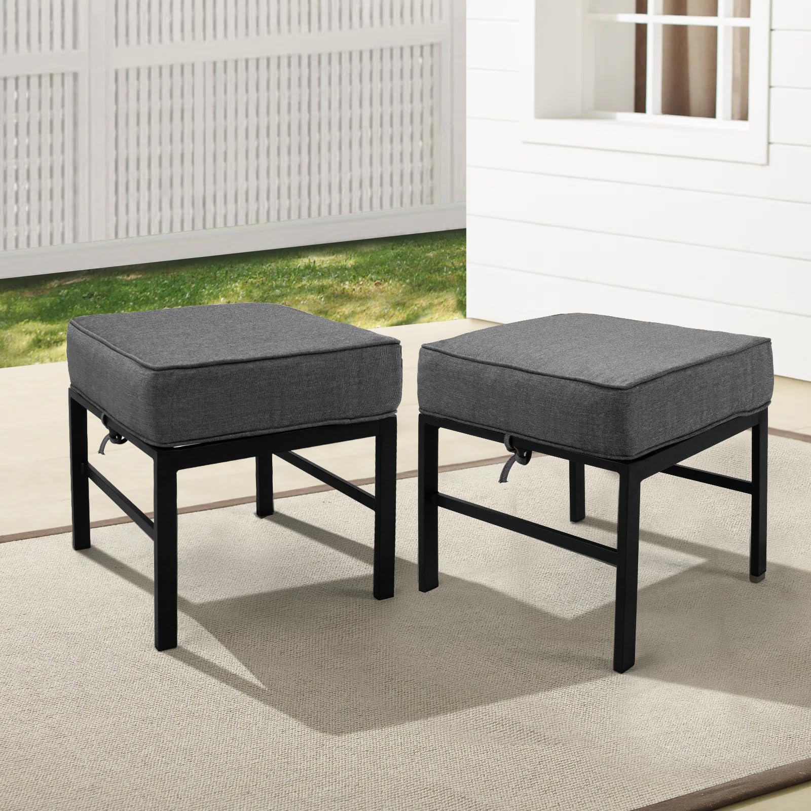 Auzfy 2 Pieces Outdoor Ottomans for Patio, Assembled Aluminum Outdoor Ottoman with Gray Cushions, Aluminum Small Outdoor Foot Stools for Patio Porch Yard Garden Deck, Black Frame