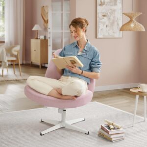 SONGMICS HOME Criss Cross Legged Chair, Armless Office Desk Chair No Wheels, Wide Comfortable Adjustable Swivel Vanity Chair for Home Office, Cotton-Linen Fabric, Jelly Pink UOBG046R03