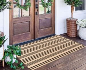 black and tan striped outdoor rug 2'x4',front porch rug machine washable front door mat entryway throw rug for front porch indoor outdoor doormat