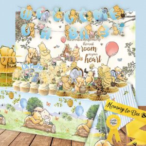 classic winnie baby shower decorations kit, all-in-1 vintage winnie party supplies decorations, classic the pooh backdrop cake topper, winnie baby tablecloth honeycomb decorations for baby shower