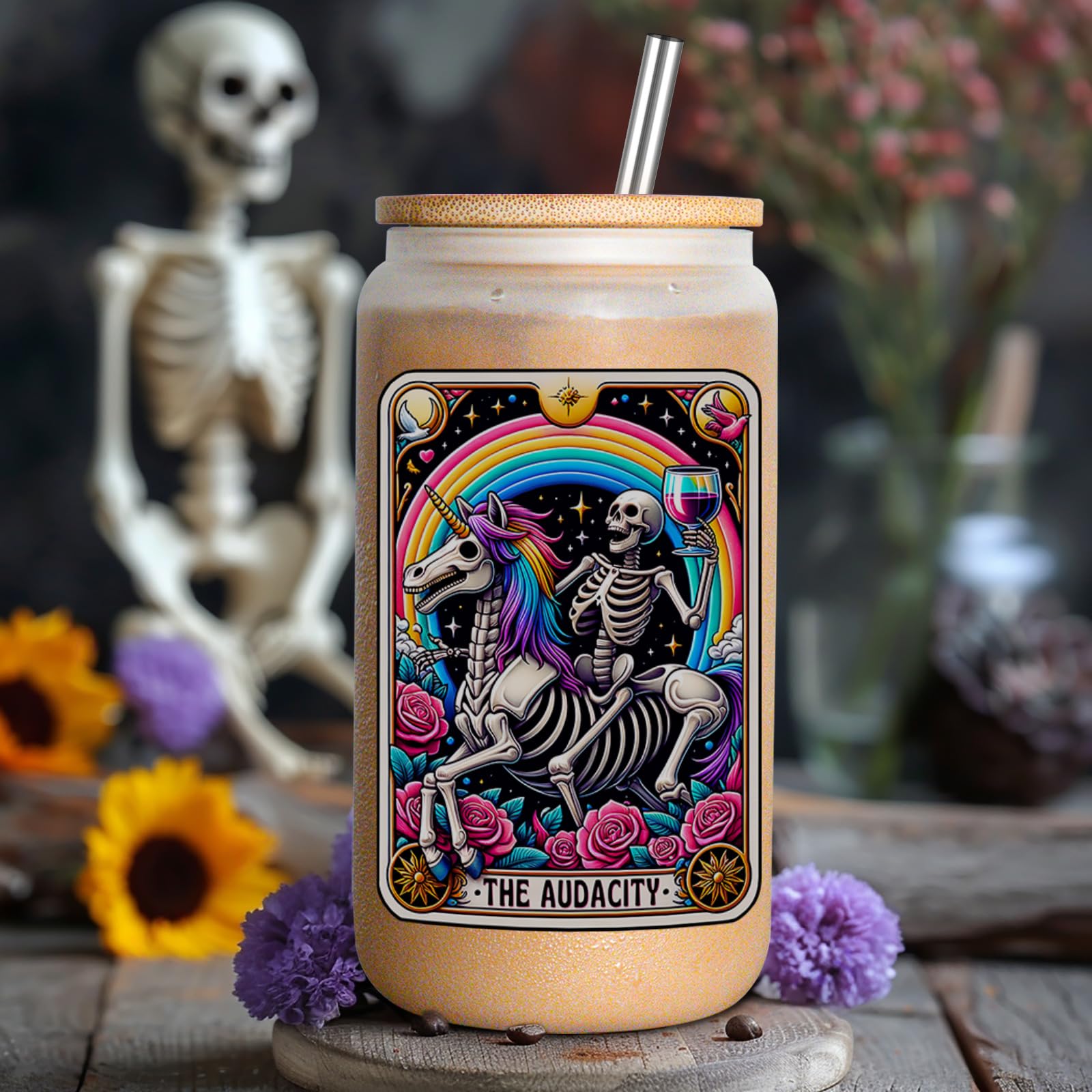 Fairy's Gift the Audacity Iced Coffee Cup, Cute 16 oz Frosted Glass Cup with Lid Straw, Christmas Funny Skull Cups, Sarcastic Skeleton Glass Tumbler, Cool Birthday Witchy Gifts for Women Tarot Lovers