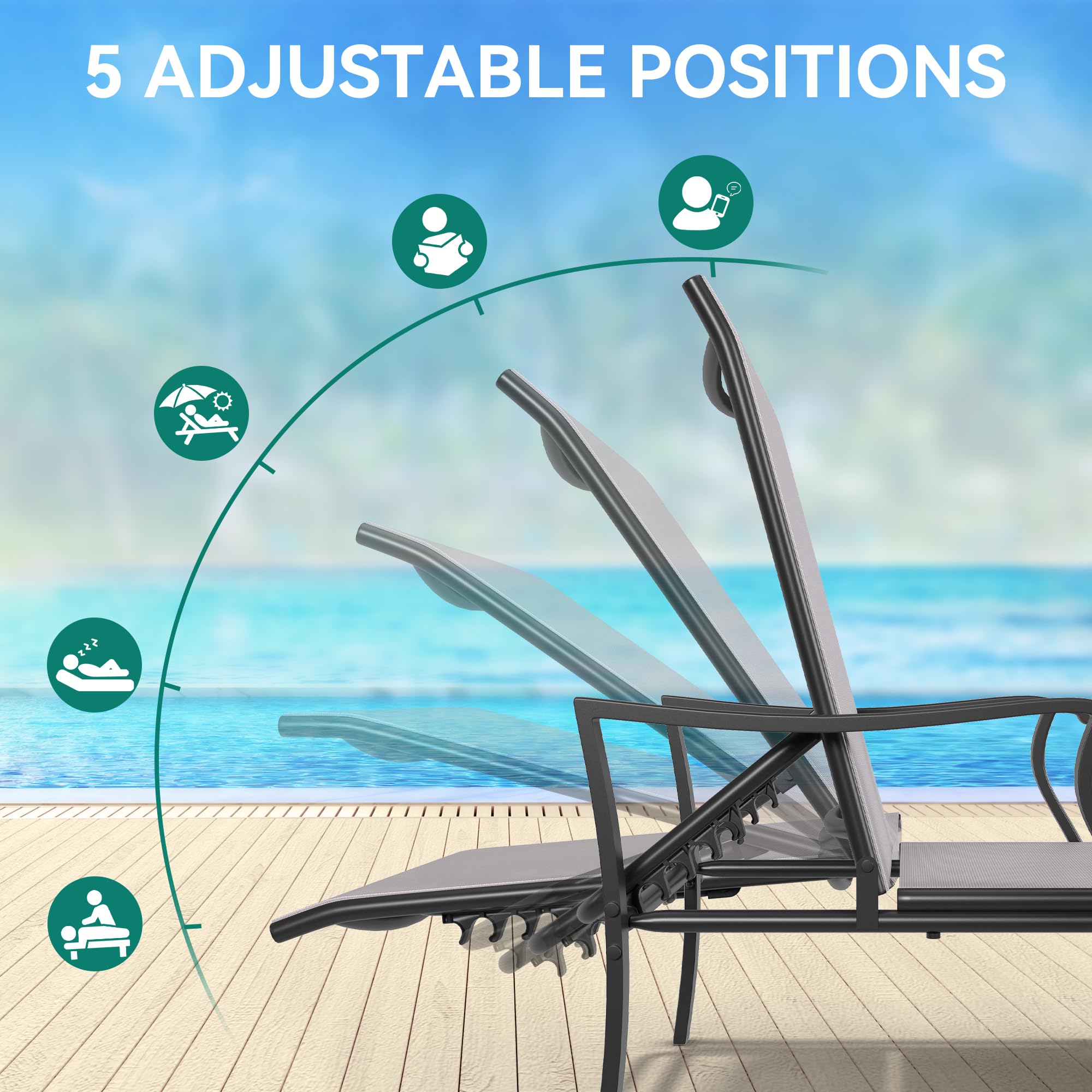 YITAHOME Outdoor Chaise Lounge Chair Set of 3, Patio Lounge Chair with Side Table and 5 Adjustable Positions, Textile Pool Chaise Lounger for Outdoor, Patio, Beach, Yard (Brown)