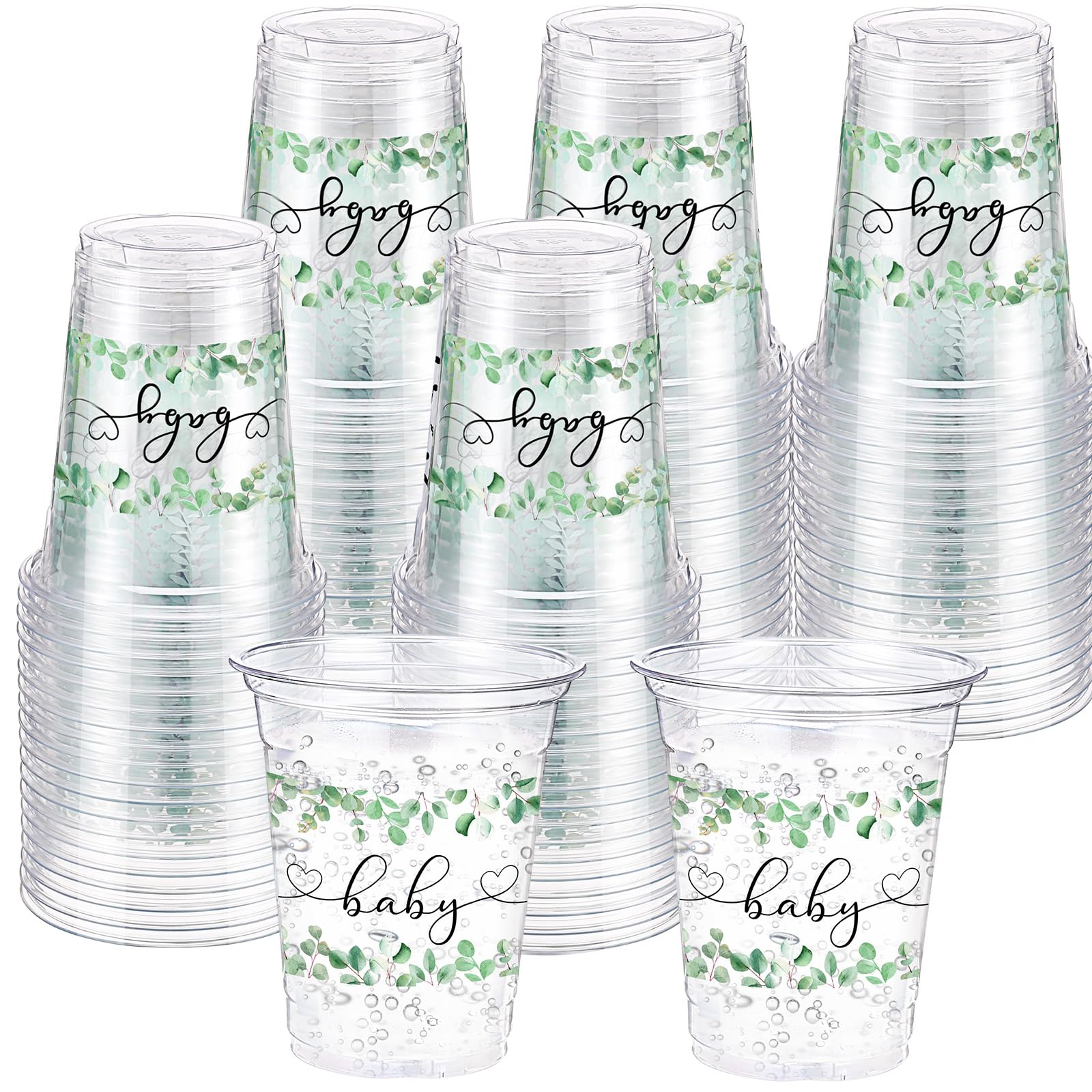 Funnymoom 60 Pack Sage Eucalyptus Baby Shower Plastic Cups for Baby Shower Party Decorations 12 oz Greenery Baby Shower Disposable Clear Cups for Baby Shower Birthday Boho Greenly Party