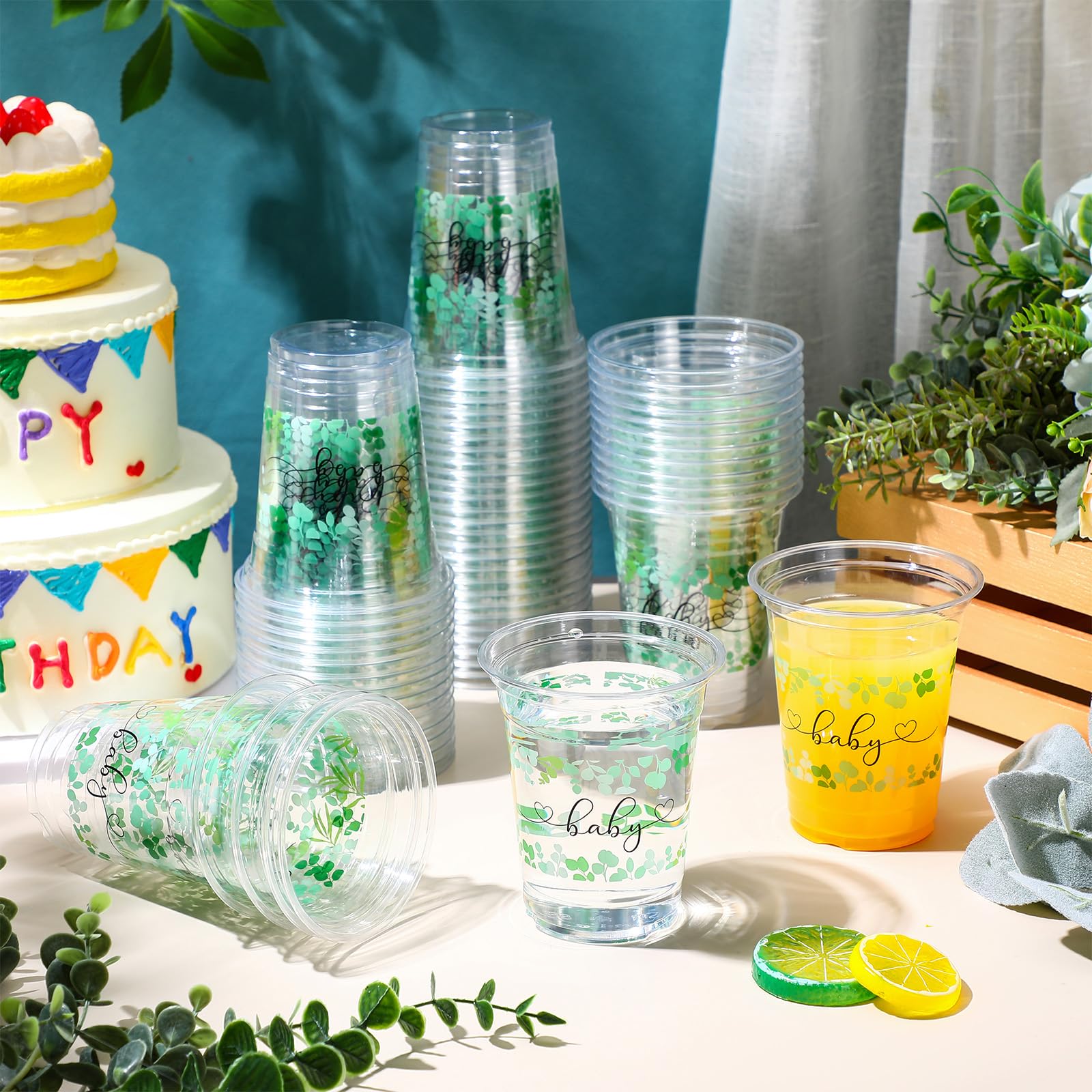 Funnymoom 60 Pack Sage Eucalyptus Baby Shower Plastic Cups for Baby Shower Party Decorations 12 oz Greenery Baby Shower Disposable Clear Cups for Baby Shower Birthday Boho Greenly Party