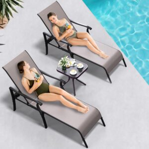 YITAHOME Outdoor Chaise Lounge Chair Set of 3, Patio Lounge Chair with Side Table and 5 Adjustable Positions, Textile Pool Chaise Lounger for Outdoor, Patio, Beach, Yard (Brown)