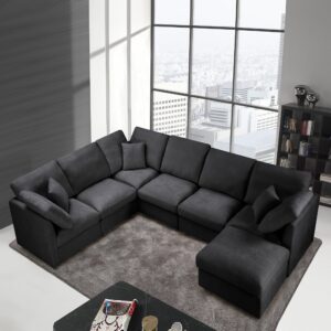 117" modular sectional sofa,u shaped chenille sofa set with movable ottoman,modern 7-seat cloud sectional couches for living room home office (black, 117" u-7 seater)