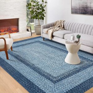 GAOMON Braided Rug 6x9 Washable Rug Braided Print Accent Rug Vintage Living Room Rug Low Pile Non Slip Indoor Carpet Non-Shedding Aesthetic Foldable Rug for Bedroom Farmhouse Office Nursery Blue