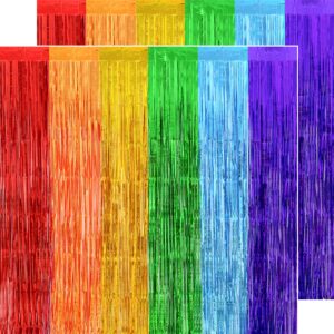 paticool rainbow tinsel foil fringe curtain backdrop - thicken 4 pack 3.2 x 8.2 ft - glitter rainbow door streamers party backdrop decorations for birthday, baby shower, fiesta, mexican, pride party