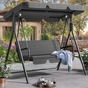 dwvo patio swing front porch swing for adults 3 seat porch swings with adjustable canopy outside swing bench with removable cushion, suitable for backyard, garden, yard, poolside, balcony (gray)